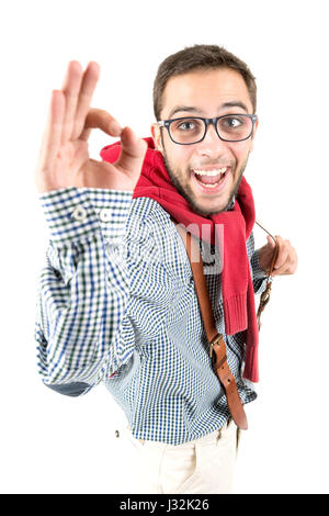 Happy nerd posing isolated in a white background Stock Photo - Alamy