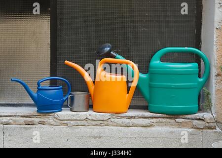 Set with different watering cans on white background. Banner design ...