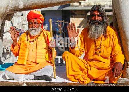 Sadhu in saffron dress and turban. Kumbh Mela 2016. Ujjain, Madhya ...