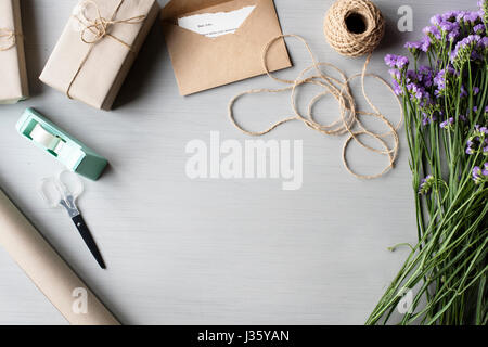 Statis Flowers Arrangement with Present Gift Box Copy Space Stock Photo ...