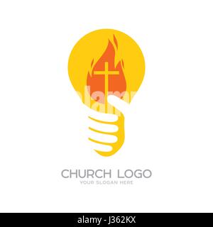 Church logo. Christian symbols. The lamp, the lighthouse and the cross ...