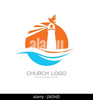Church logo. Christian symbols. The lighthouse of Jesus Christ shines ...