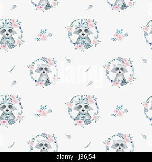Watercolor boho floral pattern with raccoon. bohemian natural ba Stock ...