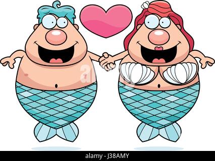 A cartoon illustration of a mermaid couple holding hands and in love ...