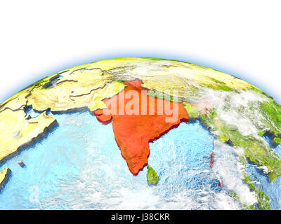 India on 3D model of Earth with country borders and water in oceans. 3D ...