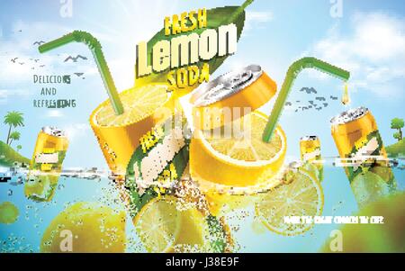 fresh lemon soda ad, with cool water flows and lemon leaf elements ...