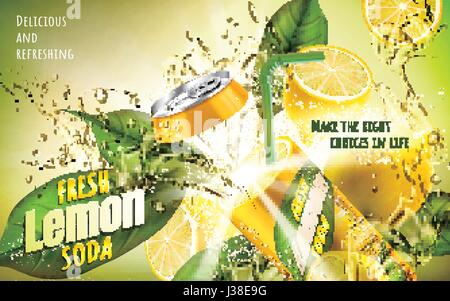 fresh lemon soda ad, with cool water flows and lemon leaf elements ...