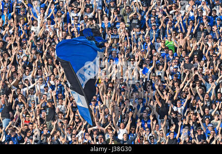 Atalanta's football fans cheering at the stadium, in Bergamo, Italy ...