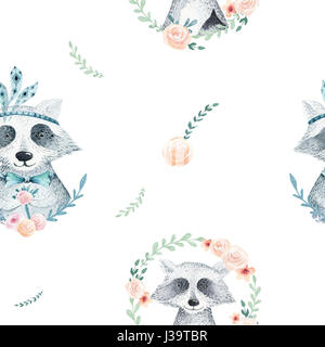Watercolor boho floral pattern with raccoon. bohemian natural ba Stock ...