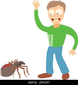 Arachnophobia concept. Cartoon illustration of a man suffering from the ...