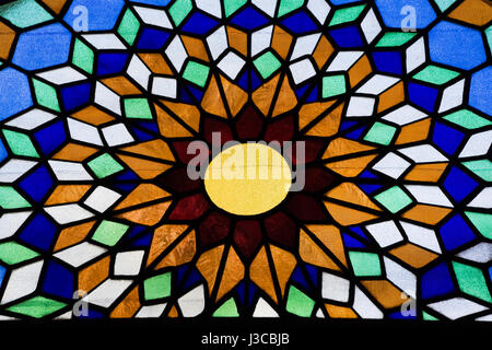 Ceiling and coloured glass window detail of Umayyad Mosque, Damascus ...
