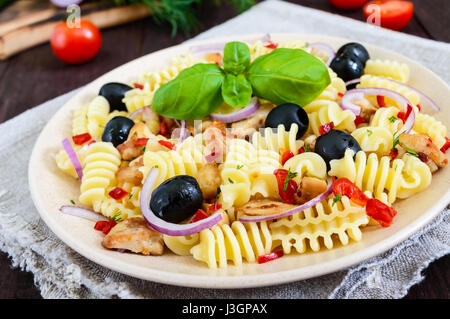 Pasta salad radiatori with chicken, black olives, blue onion, sweet ...