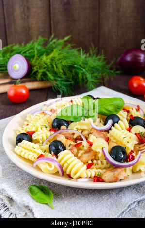 Pasta salad radiatori with chicken, black olives, blue onion, sweet ...