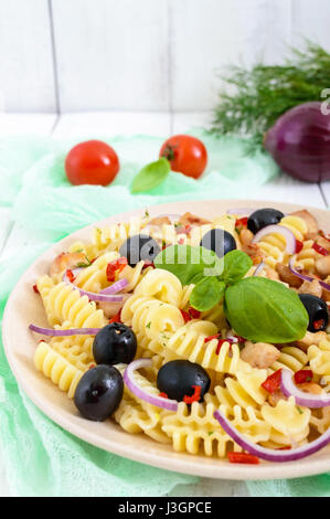 Pasta salad radiatori with chicken, black olives, blue onion, sweet ...