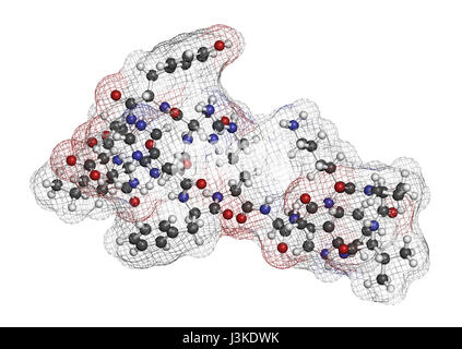 Afamelanotide (melanotan-1) photoprotective drug molecule. Atoms are ...