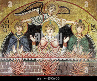 A depiction of the biblical story of the Fiery Furnace, showing three ...