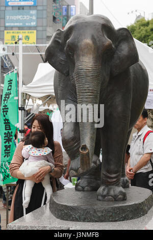 Memorial statue of elephant Hanako in front of Kichijoji Station Tokyo ...