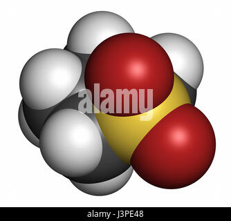 Sulfolane industrial solvent molecule. Atoms are represented as spheres ...
