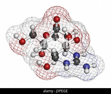 Tetrodotoxin (TTX) pufferfish neurotoxin molecule. Atoms are ...