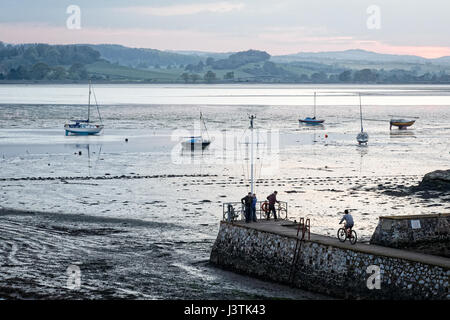 Teenagers cycle along the Lympstone harbour wall in evening light Stock ...