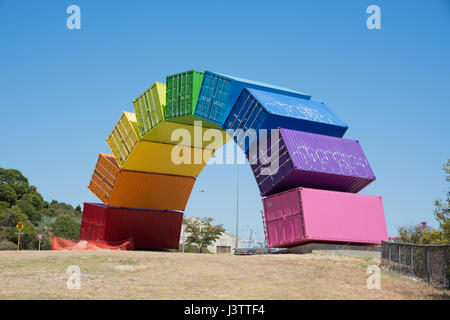 Rainbow shipping container sculpture by Marcus Canning on beach reserve ...