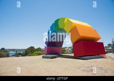 Rainbow shipping container sculpture by Marcus Canning on beach reserve ...