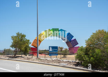 Rainbow shipping container sculpture by Marcus Canning on beach reserve ...