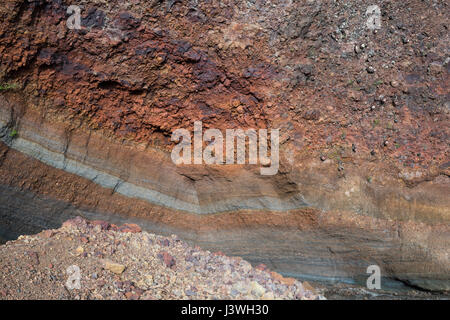 Thinly bedded and laminated volcaniclastic deposits on the cliff of ...