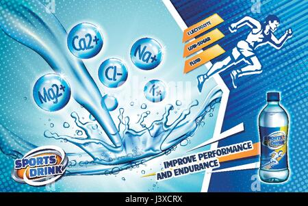 colorful sport drink ad, with a sprinting man logo and water flow, 3d ...