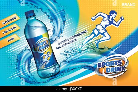 colorful sport drink ad, with a sprinting man logo and water flow, 3d ...