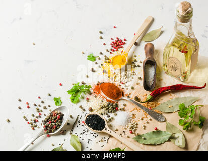 Closeup of different spices on oriental spice sale market. Red and ...