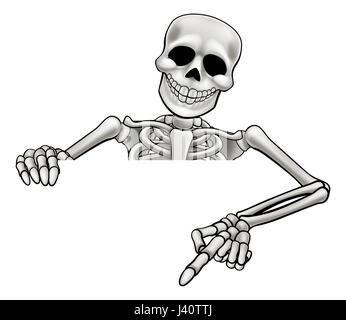 A skeleton Halloween cartoon character peeking over a sign and pointing ...