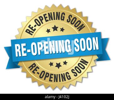 re-opening soon round blue and gold label isolated on transparent ...
