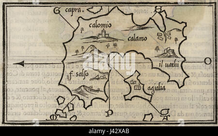 A map of Kalymnos, created by Benedetto Bordone in 1547, showcasing the ...
