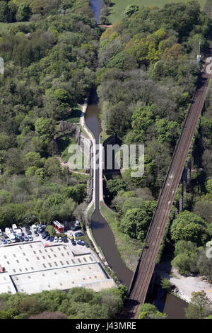 Bird's eye aerial view of Marple Viaduct and Aqueduct carrying the Hope ...