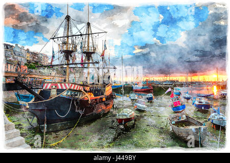 A watercolour painting of a galleon in Brixham harbour on the south ...