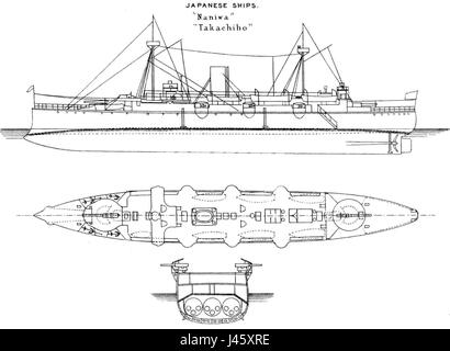 Naniwa class cruiser left elevation and deck plan Brasseys 1888 Stock ...