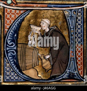 'Monk tasting wine from a barrel' is a depiction of a monastic figure ...