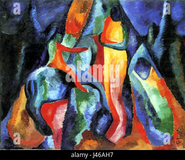 The painting features a dynamic composition of figures and landscape ...