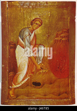 This artwork depicts the biblical scene of Moses striking the rock to ...
