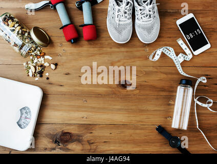 Healthy Living Lifetsyle Exercise Stuff on Black Table Stock Photo - Alamy