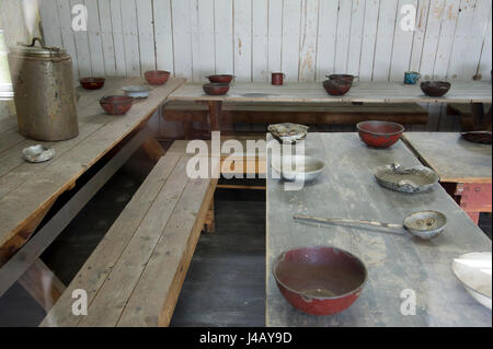 Bowls on the wooden tables serving as dining place in Stutthof ...