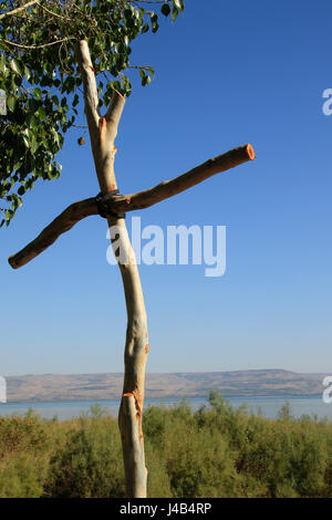 Israel, Sea of Galilee, a wooden cross marks the site of Dalmanutha in ...