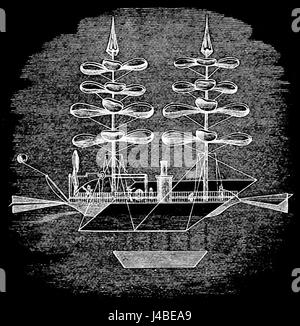 An early flying machine design, showing a man standing in a winged ...
