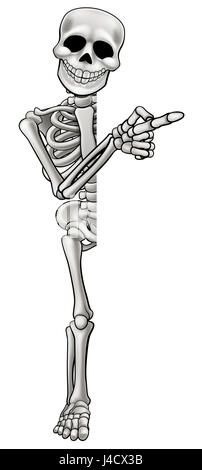 A skeleton Halloween cartoon character peeking over a sign and pointing ...