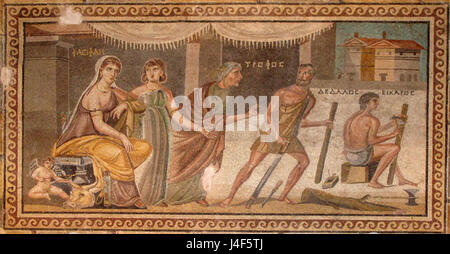 Pasiphae, Daedalus and the wooden cow, mosaic from Zeugma Stock Photo ...