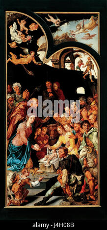 This artwork depicts the shepherds adoring the newborn Jesus in ...