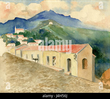 This image captures a rural street scene from a bygone era, offering a ...