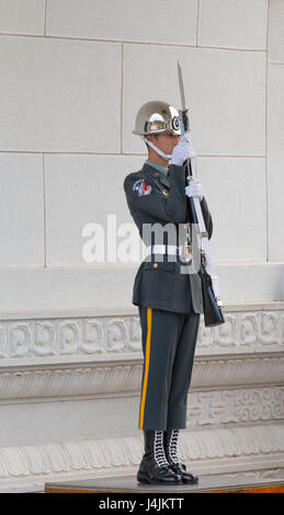 TAIPEI, TAIWAN: Ceremonial guard with rifle and bayonet with tourist in the background at ...