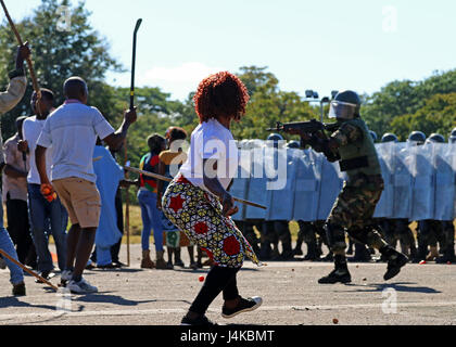 A soldier from the Malawi Defence Force stands in formation while ...